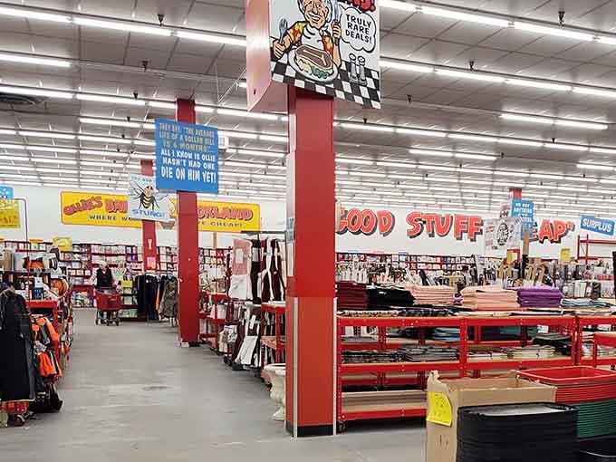 Warehouse aisles packed with bargains stretching toward infinity, a treasure hunter's paradise without requiring a pirate map.