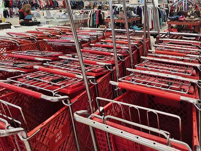 A fleet of bright red Value World shopping carts lined up and ready, you're going to need one, trust that.