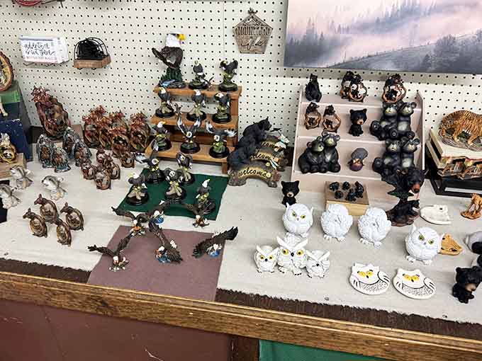Eagles, owls, and bears rendered in careful detail, a whole miniature wilderness gathered quietly on a single countertop.