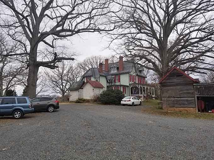 The grand historic farmhouse at Villa de Alpacas stands framed by bare winter trees, full of quiet, timeless character.