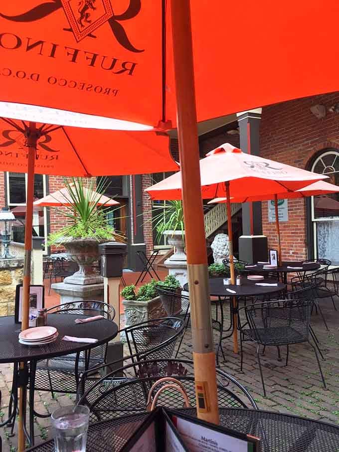 Outdoor seating under bright umbrellas lets you soak up Galena's charm between bites of pasta.