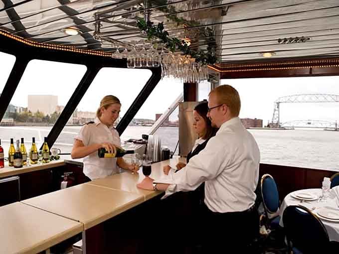 A bar on a boat with Lake Superior views through the window. Some problems solve themselves beautifully.