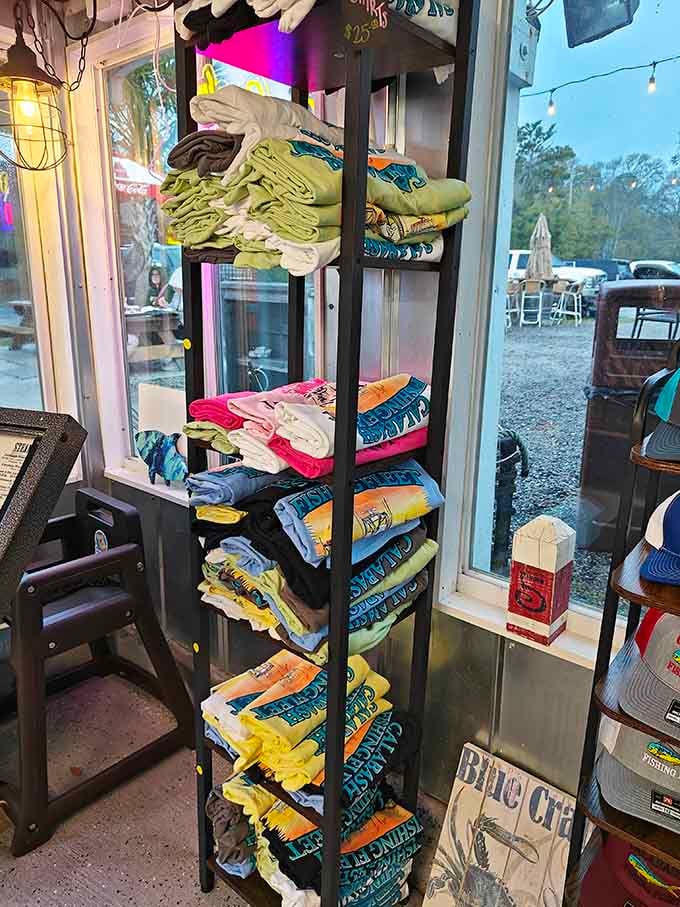Calabash-branded shirts stacked in every color. Take a little piece of this waterfront gem home with you.
