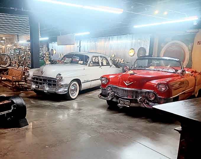Two classic Cadillacs parked side by side prove that Wheels Through Time has a soft spot for four wheels as much as two.