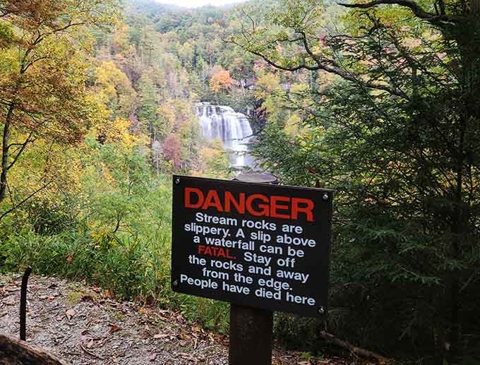 The danger sign means every word it says. Respect the falls, and the falls will respect you back.