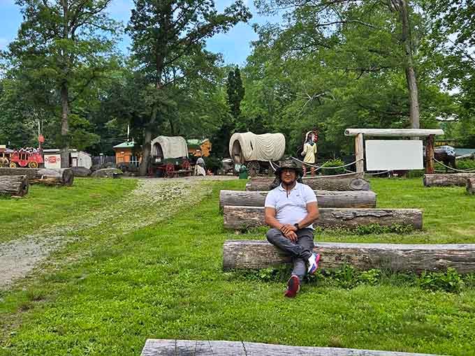 Covered wagons, log seats, and fresh air. Sometimes the best seat in the park is outside.