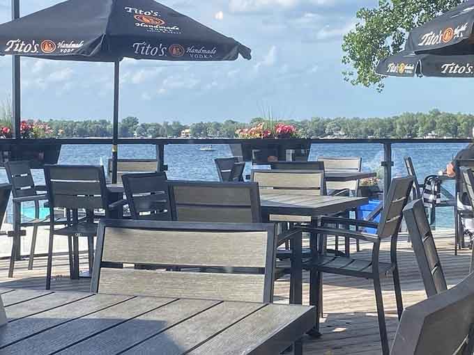 Tito's umbrellas, lake views, and outdoor chairs that practically beg you to order one more round before leaving.