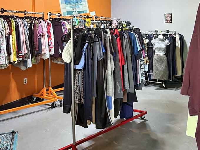Row after row of clothing in every color and style. Somewhere in here, your new favorite outfit is waiting patiently.