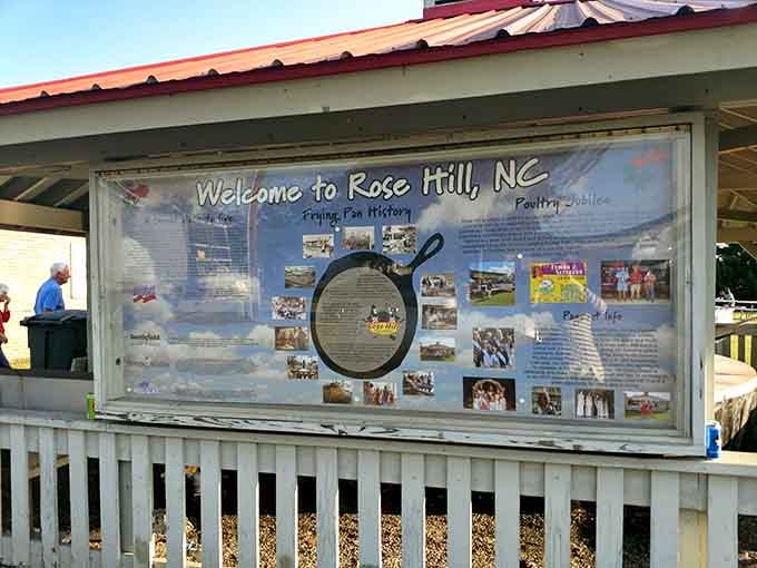 The welcome board tells the whole story, frying pan history, Poultry Jubilee pride, and small-town heart all in one frame.