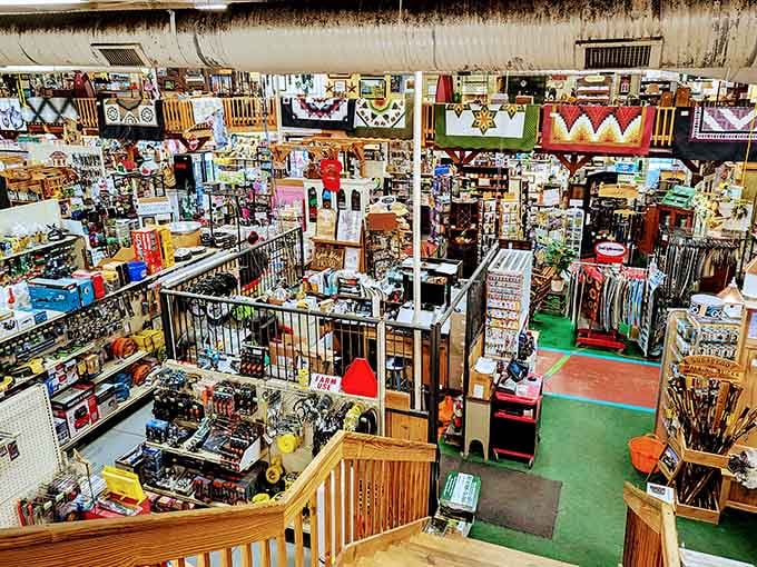 A general store packed floor to ceiling with goods, quilts, and curiosities, the kind of place you wander through and lose track of time.
