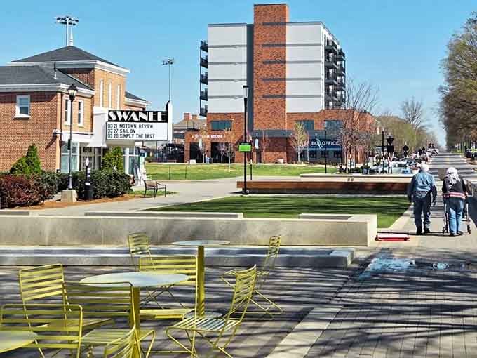The Swanee Theatre marquee and yellow outdoor chairs prove that Kannapolis knows exactly how to enjoy a sunny afternoon.