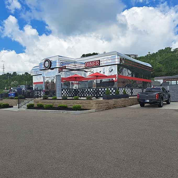 Gleaming chrome, red accents, and a "DINER" sign that means exactly what it says. Indiana's coolest roadside stop awaits.