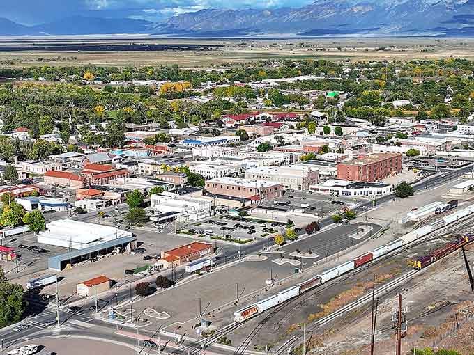 From above, Alamosa reveals itself as a patchwork of tree canopies, brick rooftops, and railroad tracks framed by the Sangre de Cristo Mountains.