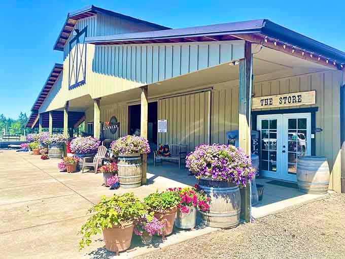 The Store beckons with flowers and charm, offering alpaca treasures to commemorate your fuzzy encounter.