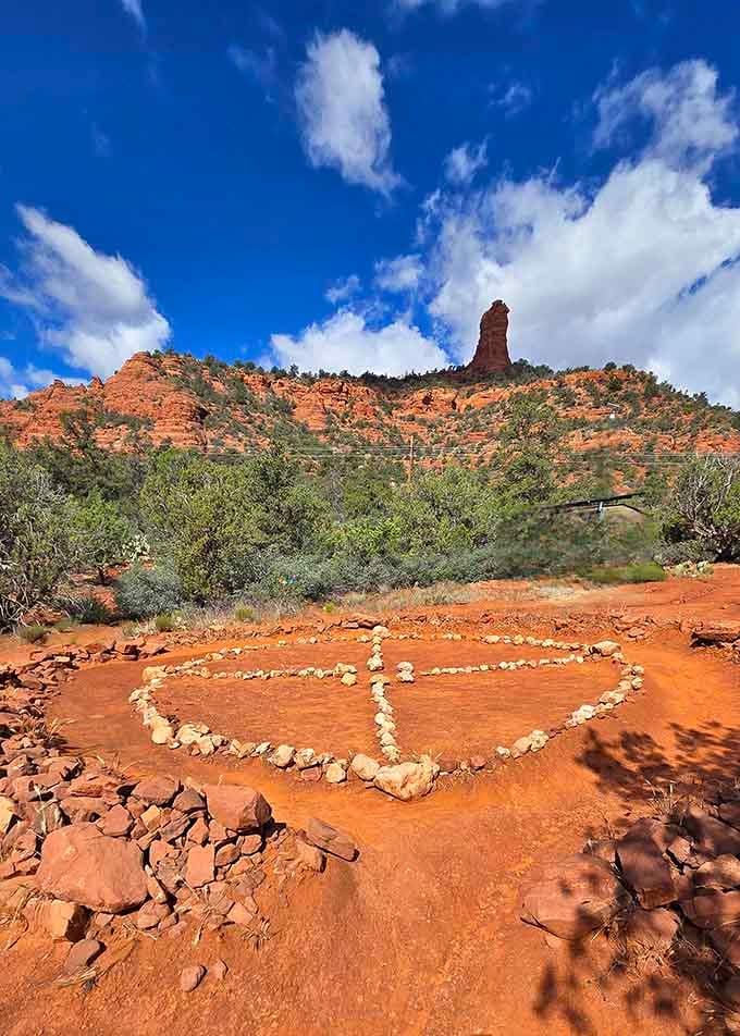 A stone medicine wheel laid into the red earth adds another layer of spiritual significance to this remarkable place.