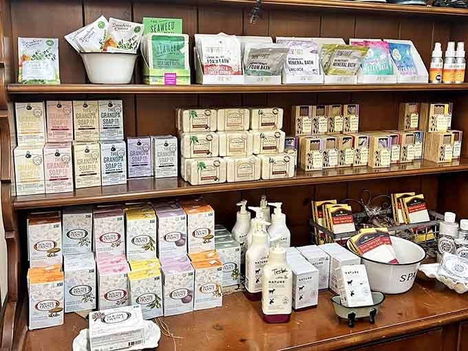 Natural soaps and bath products lined up so neatly, even your most skeptical friend would stop and take a look.