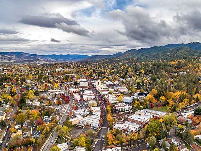 From above, Ashland in fall looks like someone spilled an entire box of crayons across the Rogue Valley, beautifully.