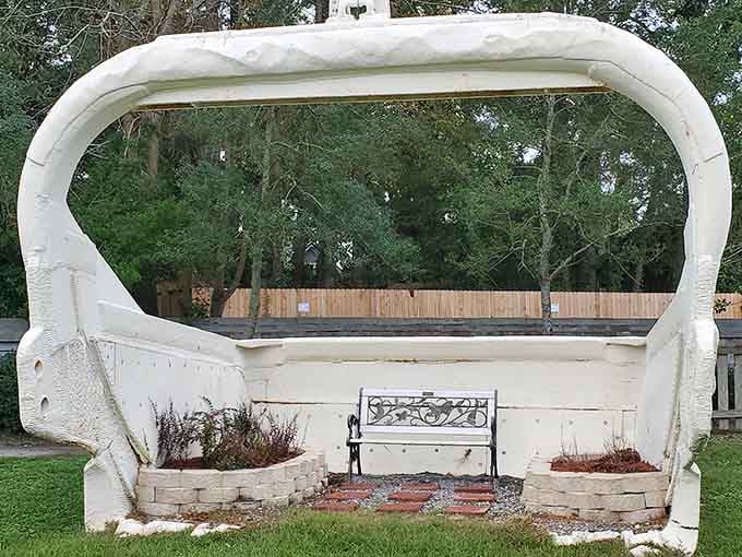 Even the resting area is shaped like a giant whale jaw, because why would anything here be ordinary?