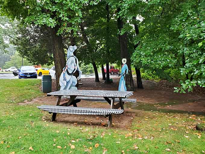 Even the picnic area comes with cartoon companions, because at the Barker Museum, nobody sits alone.
