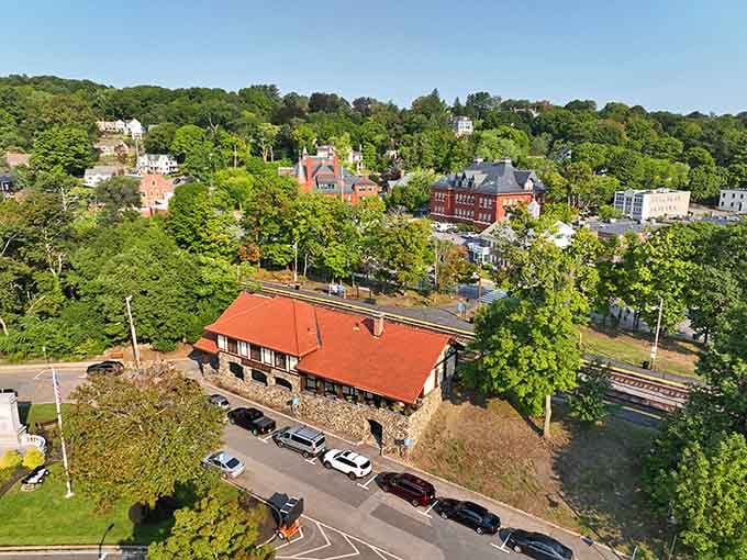 Aerial view reveals a hillside community where historic buildings nestle among green canopy like a New England postcard.