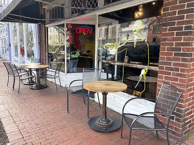 Outdoor seating lets you enjoy your enormous slice while watching downtown Fredericksburg stroll by.