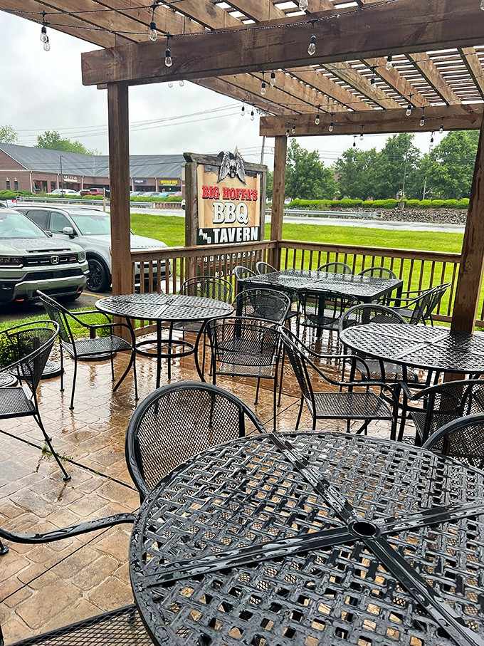 The covered patio offers the perfect spot to enjoy your barbecue while watching the world go by outside.
