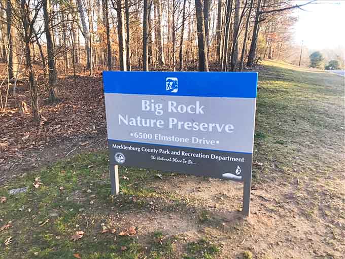 The official sign at 6500 Elmstone Drive marks the entrance to one of Charlotte's most rewarding hidden natural treasures.