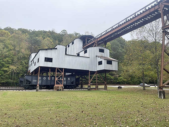 The coal tipple at Blue Heron stands like a monument to hard work, towering over the gorge with quiet, unmistakable authority.