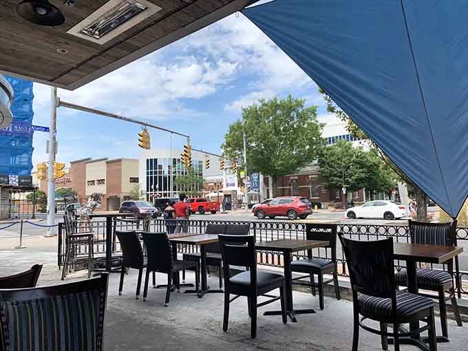 Outdoor patio seating lets you enjoy your steak with a side of Stamford street life.