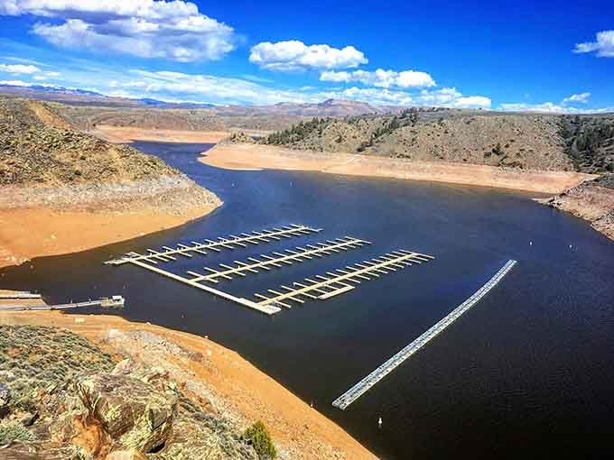From above, Blue Mesa's marina and sweeping canyon curves look almost too beautiful to be real.