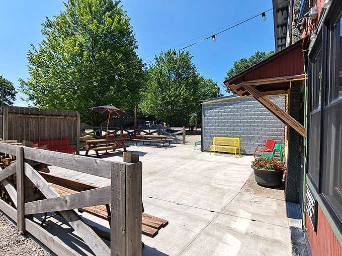 String lights, picnic tables, and big Indiana sky above, outdoor dining doesn't get more honest than this.