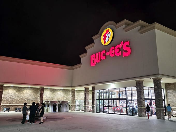 After dark, Buc-ee's glows like a beacon, reminding night-owl travelers that great snacks never sleep.
