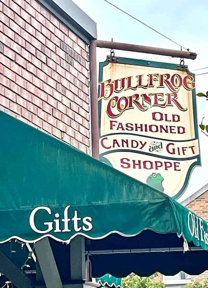 That hand-carved sign says Old Fashioned Candy and Gift Shoppe, and Bull Frog Corner delivers on every single word of it.