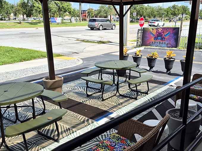 The shaded outdoor patio at Capybara Cafe offers a breezy spot to decompress before the main event.