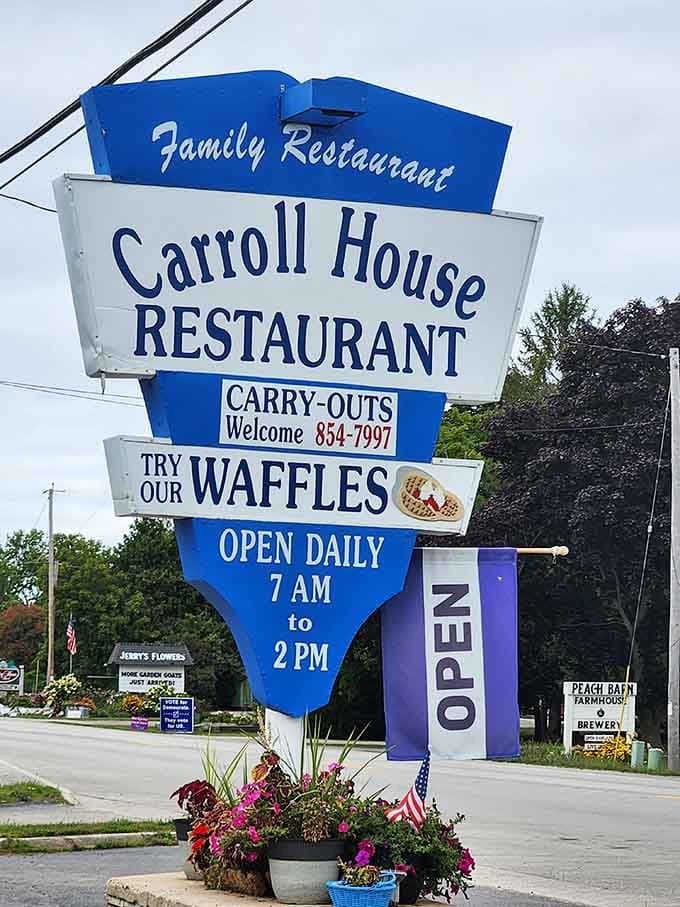 The roadside sign proudly advertises those famous waffles because when you've got it, you might as well flaunt it.