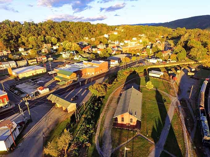 From up here, Clifton Forge looks exactly like what it is. A real town, tucked into the mountains, living its best life.