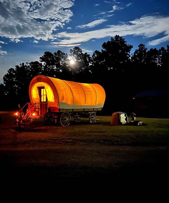 At night, the Conestoga Wagon glows like a lantern under the South Carolina moon. Absolutely magical.