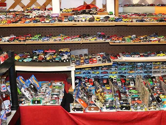 Hundreds of die-cast cars lined up in perfect rows, a collector's dream hiding in plain sight.