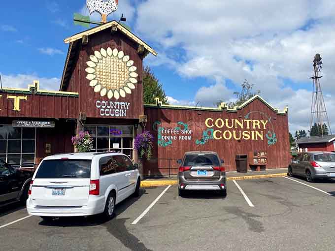 Sunflowers, a rooster weathervane, and bold signage, Country Cousin's exterior is basically a standing invitation you can't refuse.