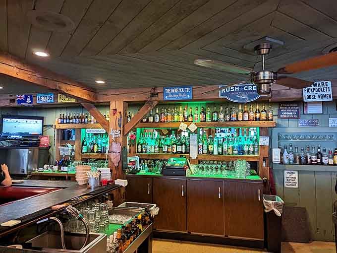 A well-stocked bar with character, humor on the walls, and a ceiling fan that's seen everything. Pull up a stool.