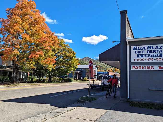 Fall foliage, mountain views, and a bike rental sign, Damascus really does stack the deck in your favor.