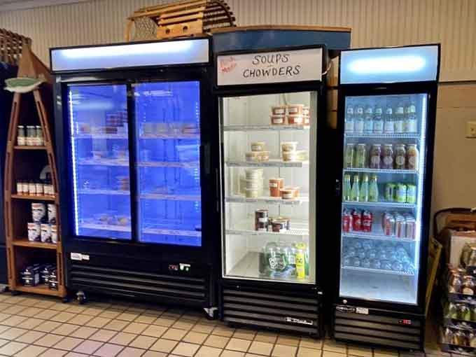 Refrigerated cases stocked with soups, chowders, and beverages, because every great meal needs the perfect supporting cast.