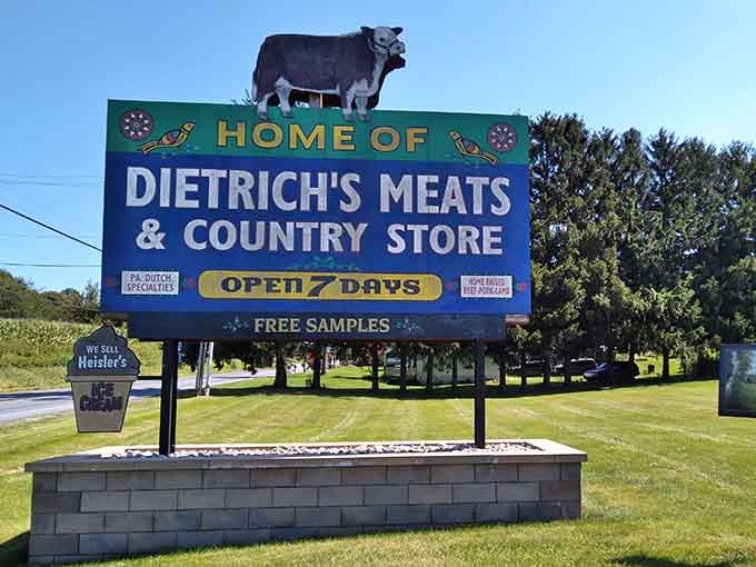 A cow on top of a sign promising free samples is the most persuasive roadside billboard in Pennsylvania.