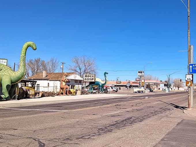 Spotted from the road, this prehistoric lineup makes Route 66 feel like the world's best detour.