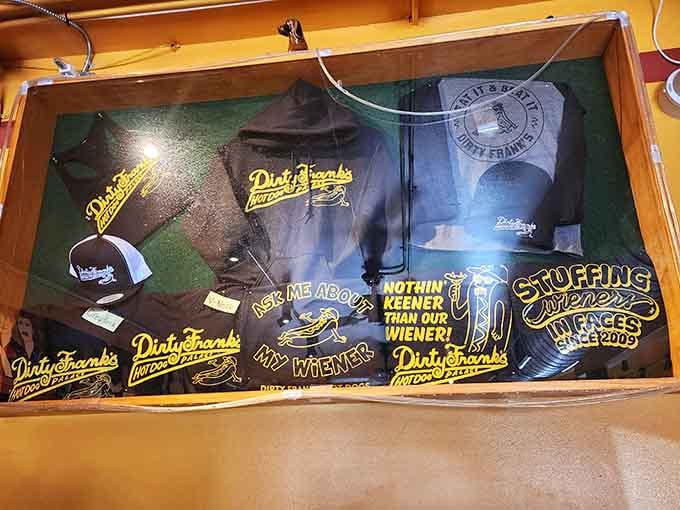 Dirty Frank's merch, because "Stuffing Wieners in Faces Since 2009" is a slogan worth wearing proudly.