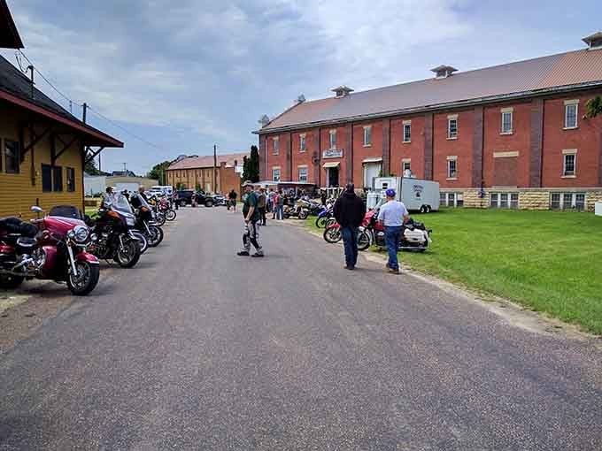 Motorcycles parked outside a used book warehouse in rural Wisconsin, because great destinations attract all kinds of wonderful people.