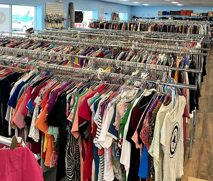 Row upon row of colorful clothing stretching into the distance. This is what a bargain hunter's paradise actually looks like.