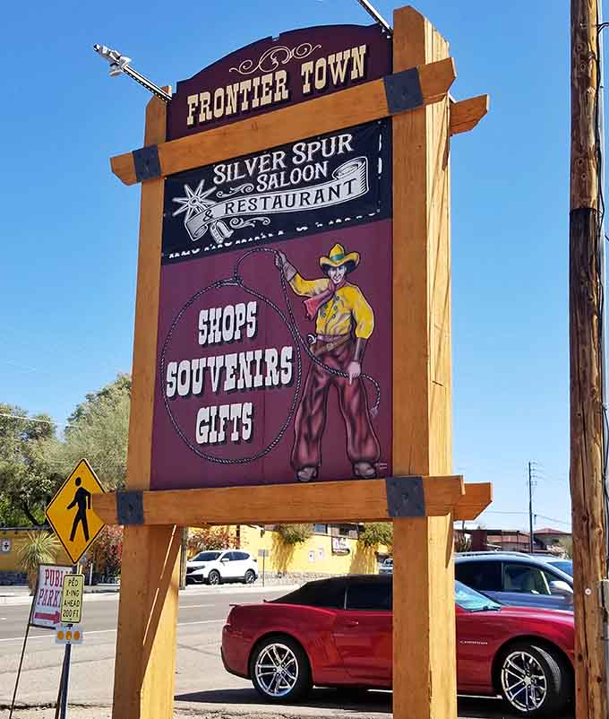 The Silver Spur Saloon sign out front promises shops, souvenirs, and gifts &mdash; and Frontier Town delivers on every single word.