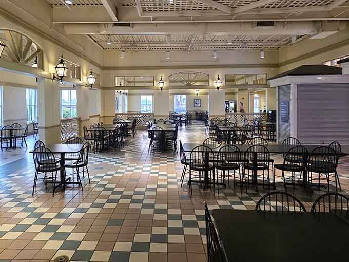 The food court's spacious seating area, where weary shoppers refuel before tackling the next round of incredible deals.