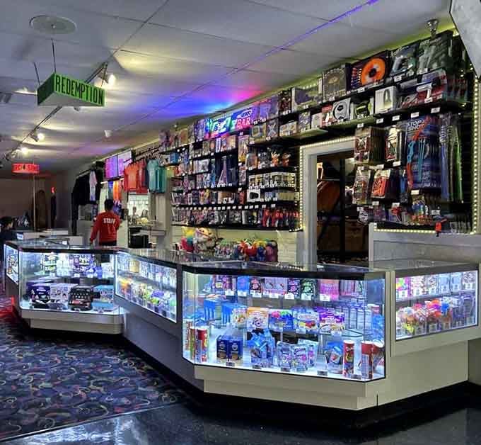The redemption counter is stacked floor to ceiling, making all those arcade tickets feel like a very worthy investment.